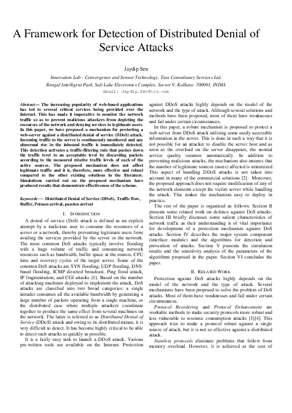 (PDF) A Framework for Detection of Distributed Denial of Service Attacks