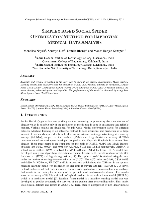 (PDF) Simplex based Social Spider Optimization Method for Improving Medical Data Analysis