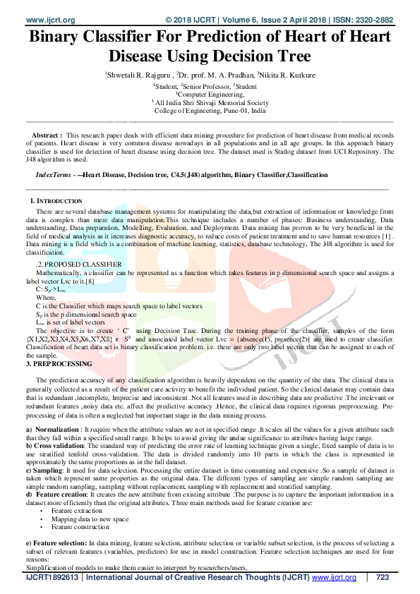 Pdf Binary Classifier For Prediction Of Heart Of Heart Disease Using Decision Tree