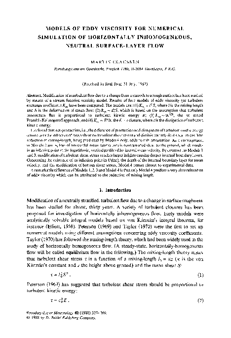 (PDF) Models of eddy viscosity for numerical simulation of horizontally inhomogeneous, neutral ...