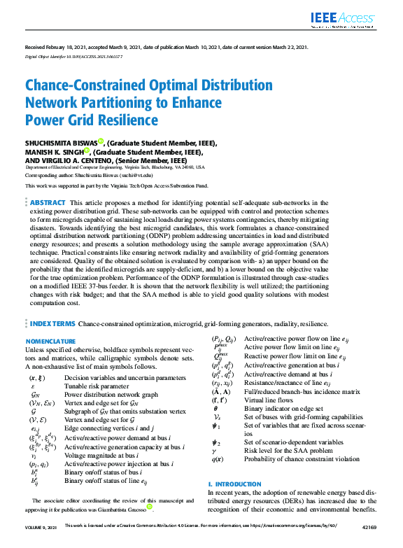 (PDF) Chance-Constrained Optimal Distribution Network Partitioning to Enhance Power Grid Resilience