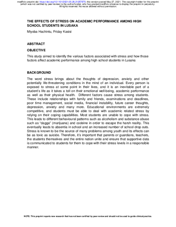 (PDF) The Effects of Stress on Academic Performance Among High School ...