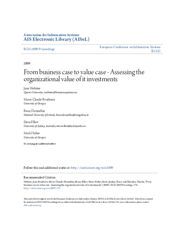 (PDF) From business case to value case-Assessing the organizational ...