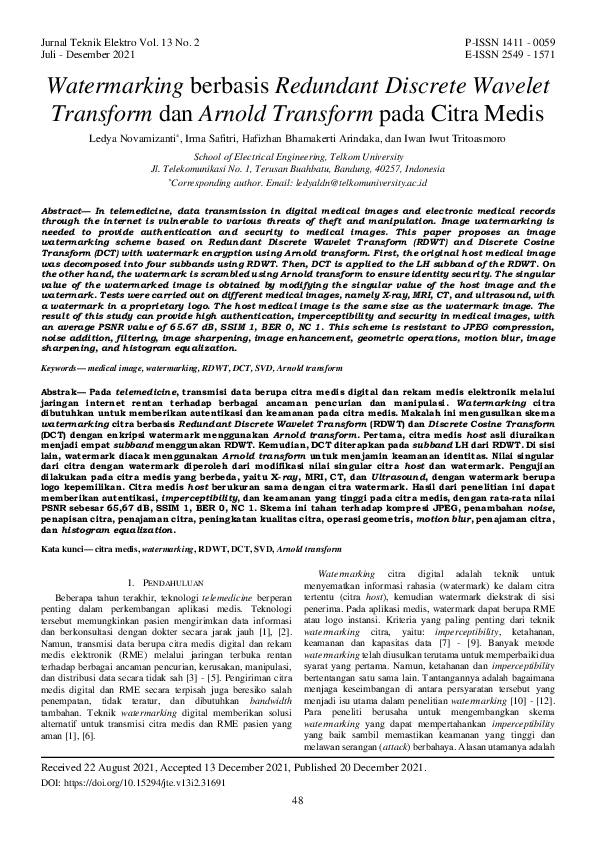 (PDF) Watermarking berbasis Redundant Discrete Wavelet Transform dan Arnold Transform pada Citra ...