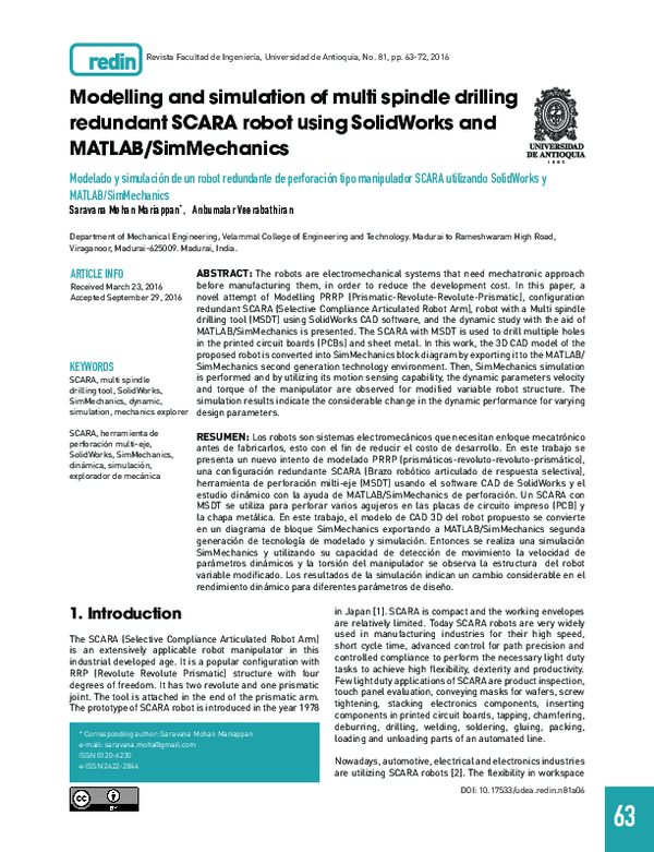 (PDF) Modelling and simulation of multi spindle drilling redundant SCARA robot using SolidWorks ...