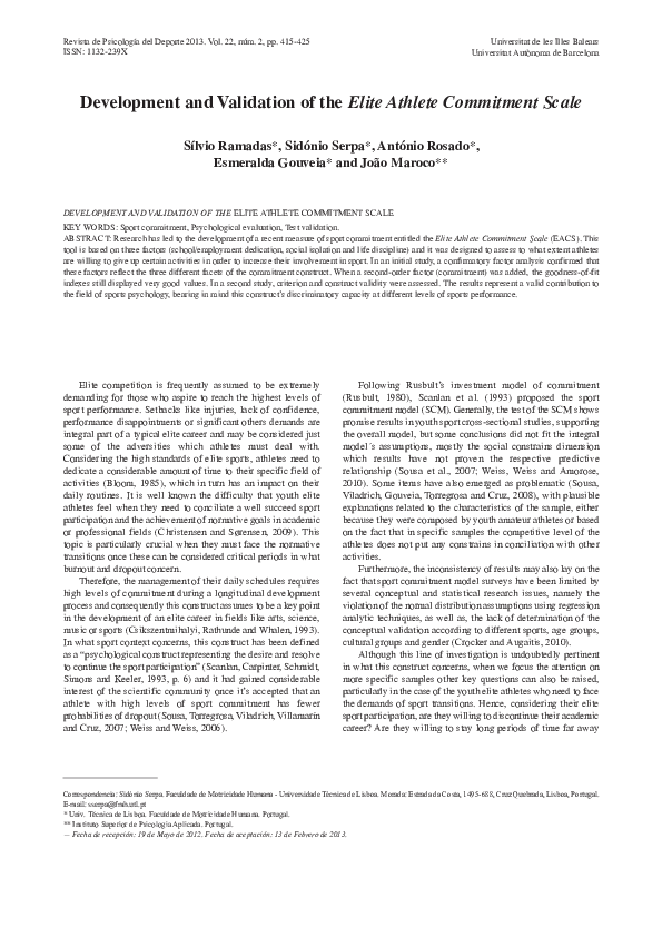 (PDF) Development and Validation of the Elite Athlete Commitment Scale
