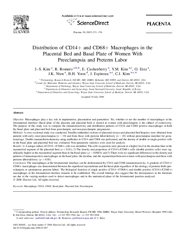 (PDF) Distribution of CD14+ and CD68+ Macrophages in the Placental Bed ...