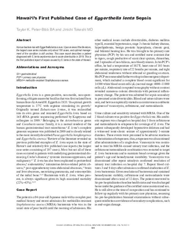 (PDF) Hawai'i's First Published Case of Eggerthella lenta Sepsis