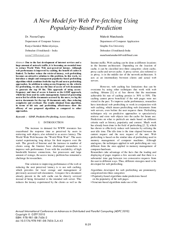 (PDF) A New Model for Web Pre-fetching Using Popularity-Based Prediction