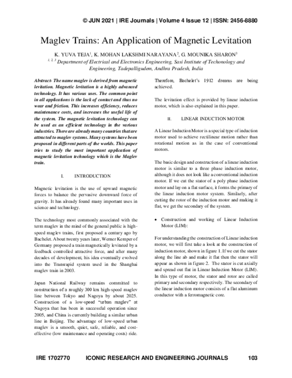 (PDF) Maglev Trains: An Application of Magnetic Levitation