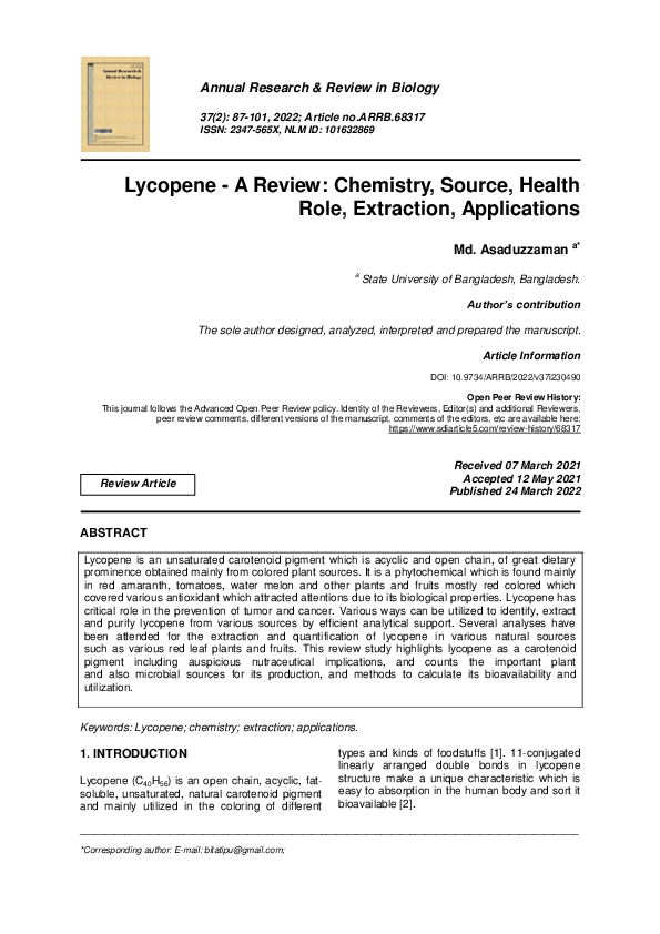 (PDF) Lycopene -A Review: Chemistry, Source, Health Role, Extraction ...
