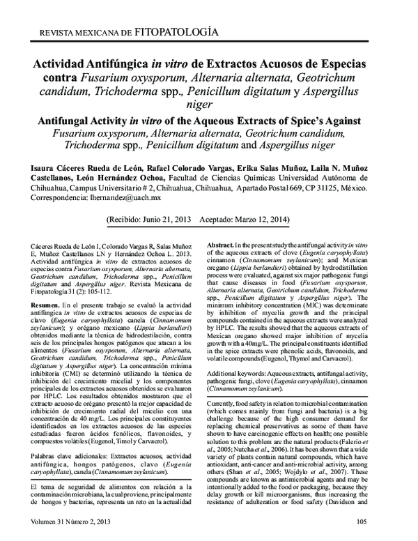 Pdf Antifungal Activity In Vitro Of The Aqueous Extracts Of Spices Against Fusarium Oxysporum