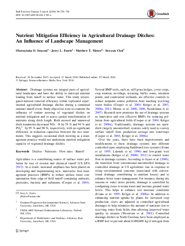 (PDF) Nutrient Mitigation Efficiency in Agricultural Drainage Ditches: An Influence of Landscape ...