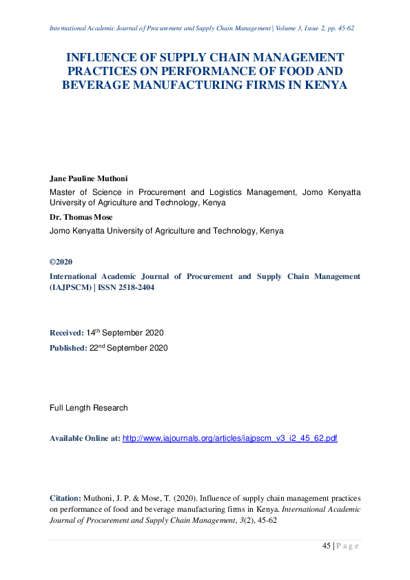 (PDF) Influence of Supply Chain Management Practices on Performance of Food and Beverage ...