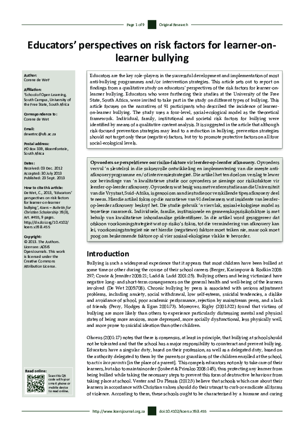 (PDF) Educators’ perspectives on risk factors for learner-onlearner ...