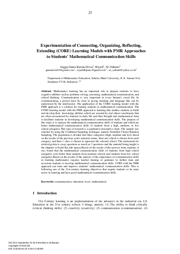 (PDF) Experimentation of Connecting, Organizing, Reflecting, Extending (CORE) Learning Models ...
