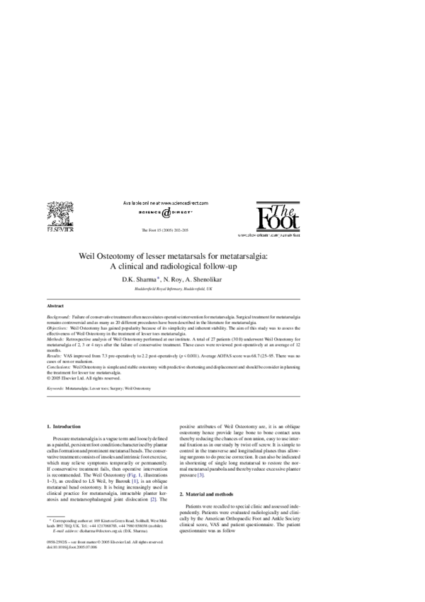 (PDF) Weil Osteotomy of lesser metatarsals for metatarsalgia: A ...