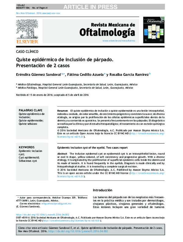 (PDF) Quiste epidérmico de inclusión de párpado. Presentación de 2 casos