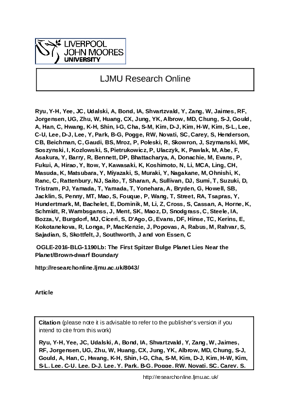 (PDF) OGLE-2016-BLG-1190Lb: First Spitzer Bulge Planet Lies Near the ...