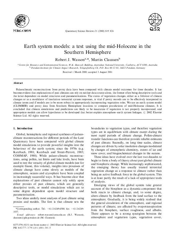 (PDF) Earth system models: a test using the mid-Holocene in the ...