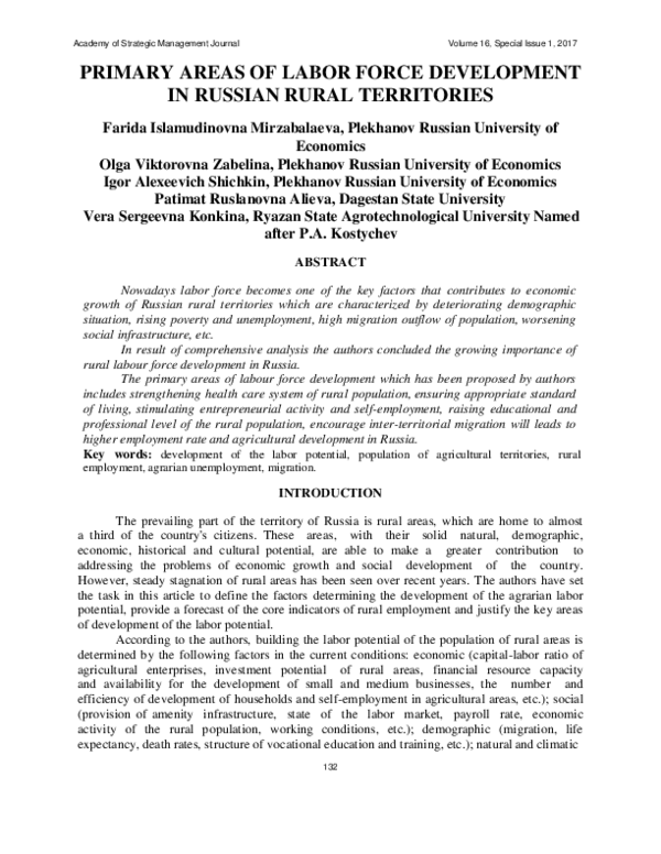 (PDF) Primary Areas of Labor Force Development in Russian Rural Territories
