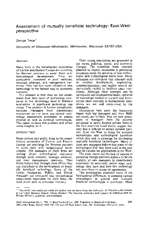(PDF) Assessment of mutually beneficial technology: East-West perspective