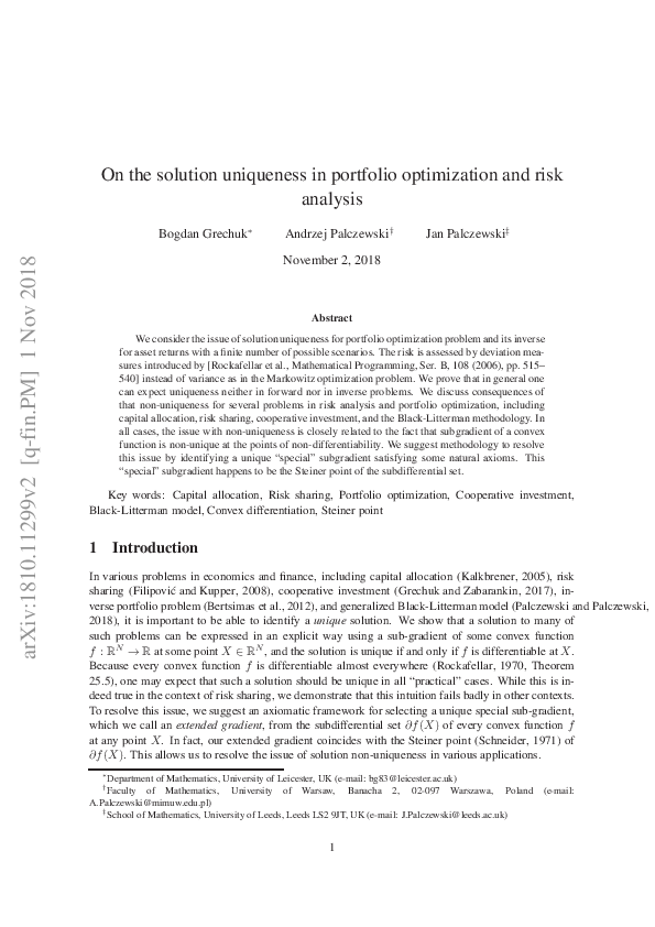 (PDF) Unique Solutions in Portfolio Optimization Risks
