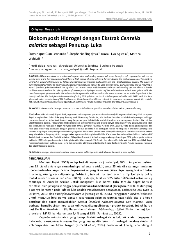 (PDF) Biokomposit Hidrogel dengan Ekstrak Centella asiatica sebagai ...