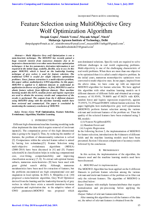 Pdf Feature Selection Using Multiobjective Grey Wolf Optimization Algorithm