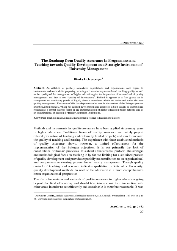 (PDF) The Roadmap from Quality Assurance in Programmes and Teaching ...