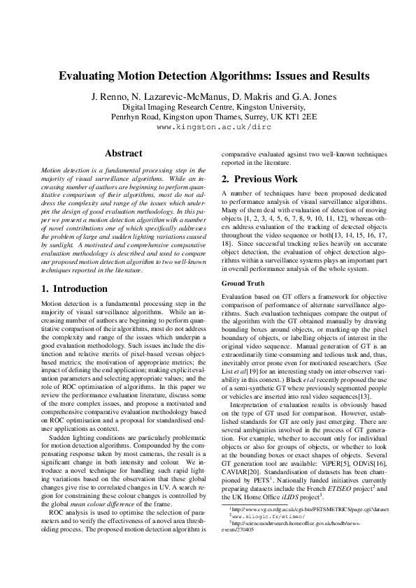 Pdf Evaluating Motion Detection Algorithms Issues And Results