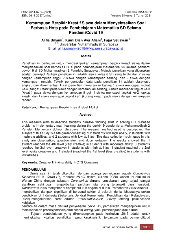 (PDF) Kemampuan Berpikir Kreatif Siswa dalam Menyelesaikan Soal Berbasis Hots pada Pembelajaran ...