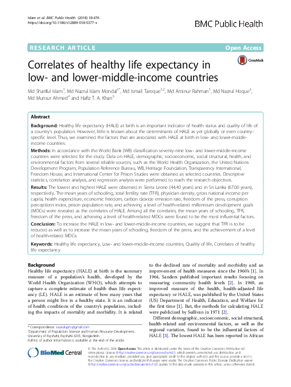 (PDF) Correlates of healthy life expectancy in low- and lower-middle ...