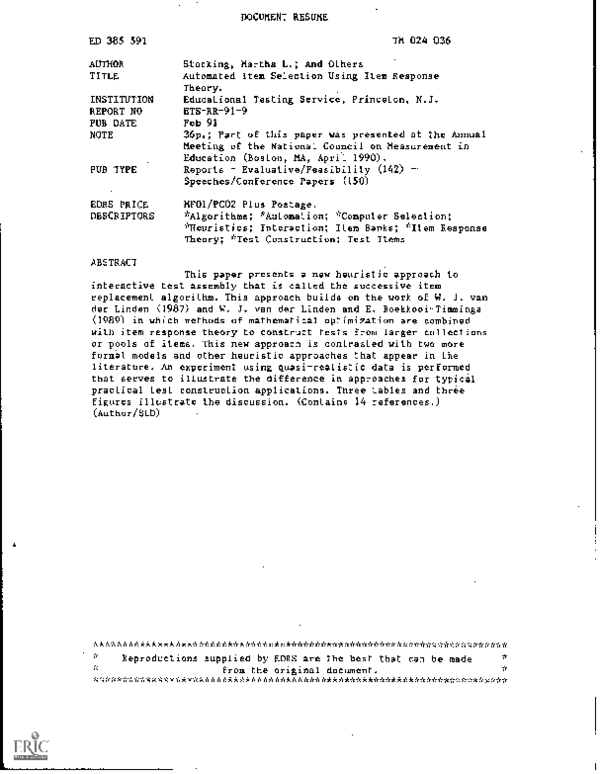 (PDF) Automated Item Selection Using Item Response Theory*