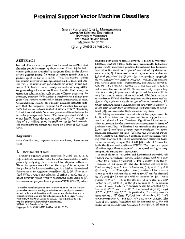 Pdf Proximal Support Vector Machine Classifiers