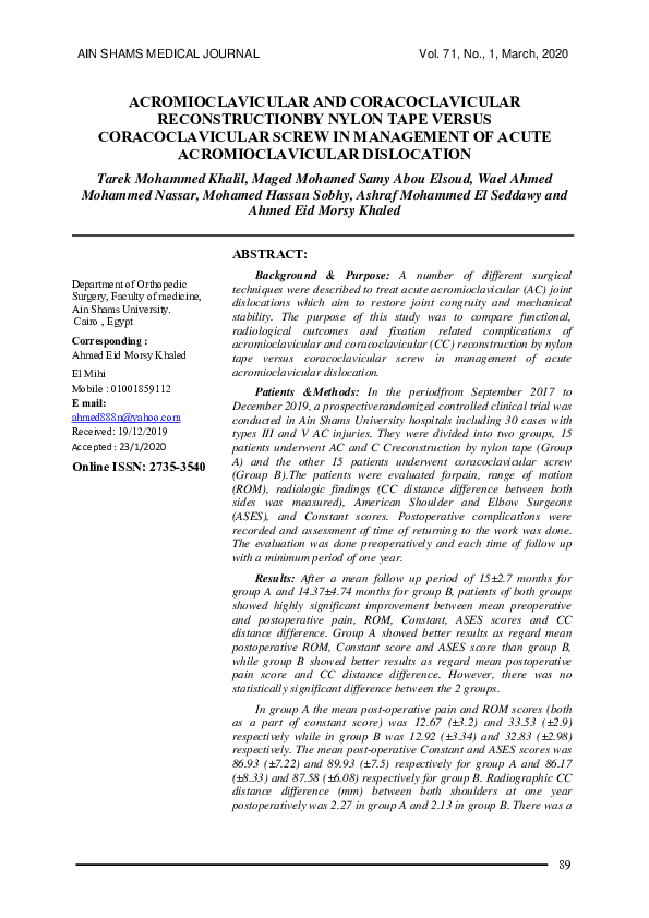 (PDF) Acromioclavicular and Coracoclavicular Reconstructionby Nylon ...