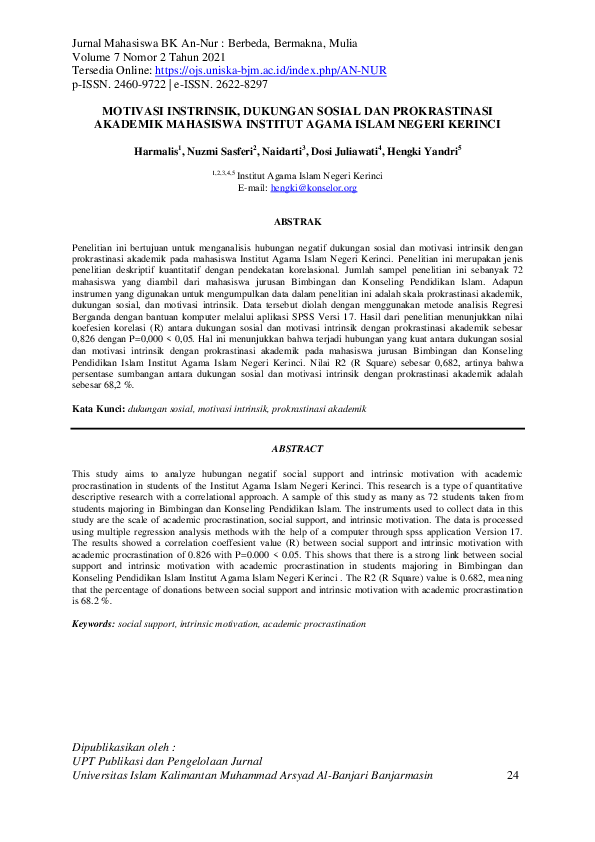 (PDF) Motivasi Instrinsik, Dukungan Sosial Dan Prokrastinasi Akademik Mahasiswa Institut Agama ...