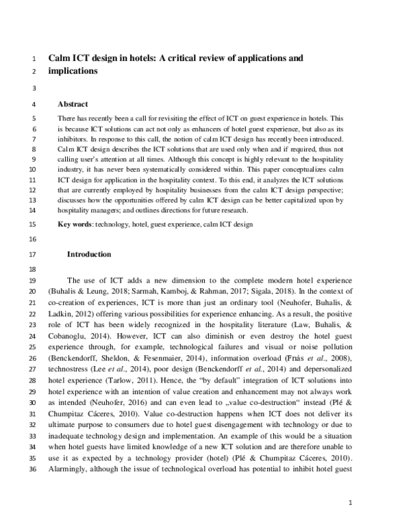 (PDF) Calm ICT design in hotels: A critical review of applications and ...