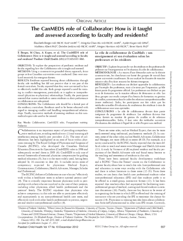 (PDF) The CanMEDS role of Collaborator: How is it taught and assessed ...