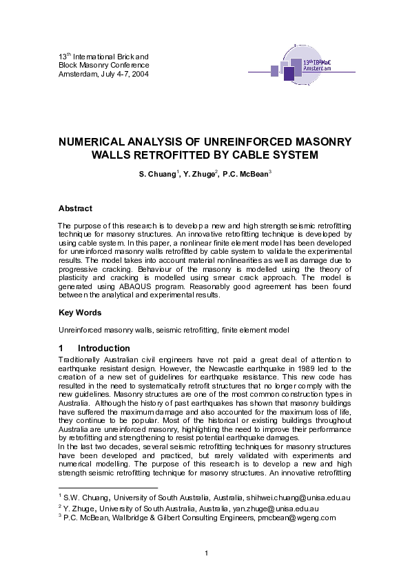 (PDF) Numerical Analysis of Unreinforced Masonry Walls Retrofitted by Cable System