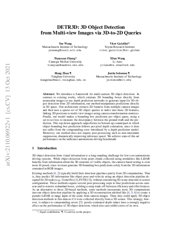 (PDF) DETR3D: 3D Object Detection from Multi-view Images via 3D-to-2D Queries
