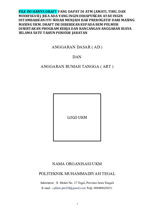 (DOC) DRAFT AD ART UNTUK ORMAWA POLMUH