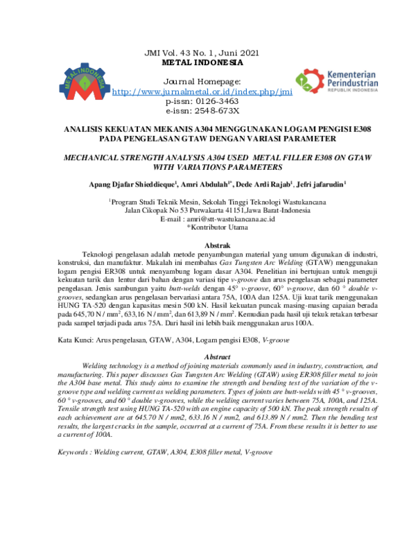 (PDF) Analisis Kekuatan Mekanis A304 menggunakan Logam Pengisi E308 pada Pengelasan GTAW dengan ...