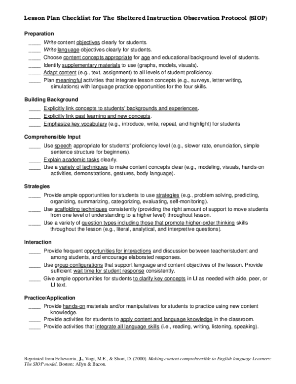 (PDF) Lesson Plan Checklist for The Sheltered Instruction Observation ...