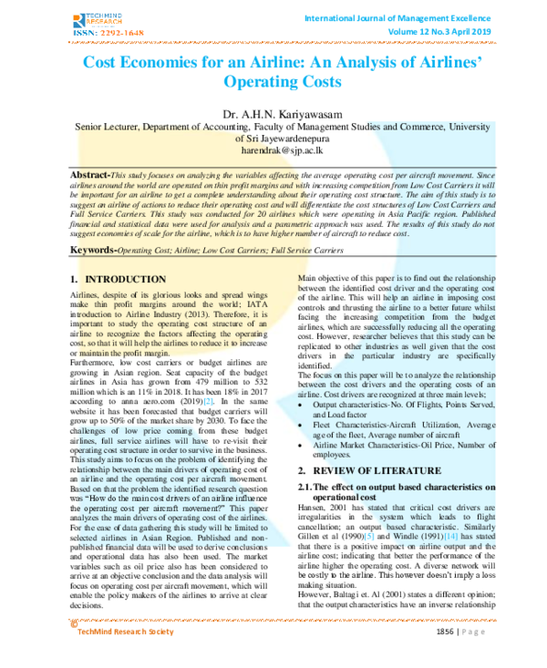 (PDF) Cost Economies for an Airline: An Analysis of Airlines’ Operating ...