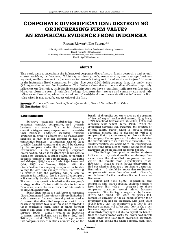 (PDF) Corporate Diversification: Destroying or Increasing Firm Value ...
