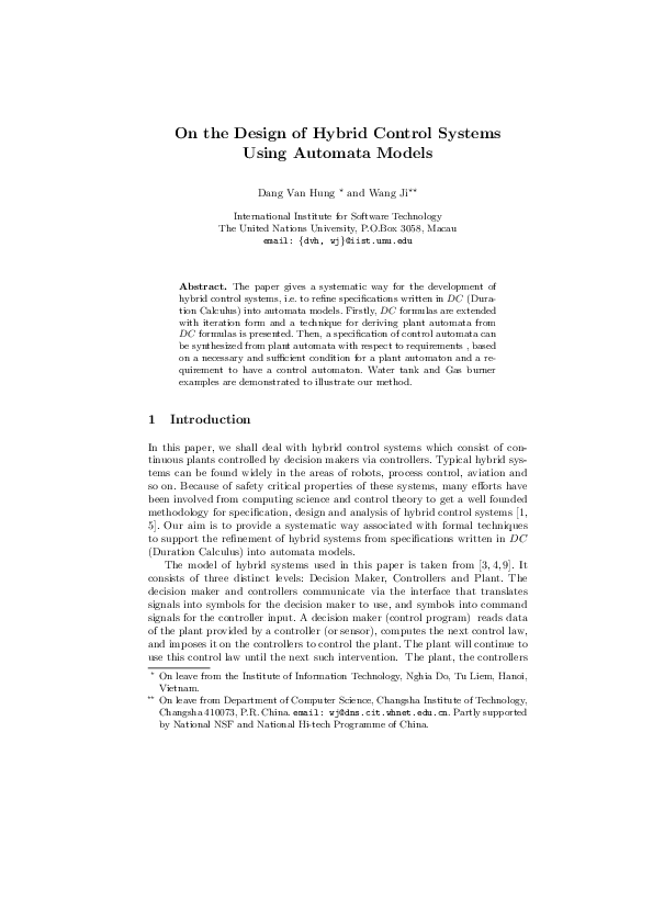 Pdf On The Design Of Hybrid Control Systems Using Automata Models