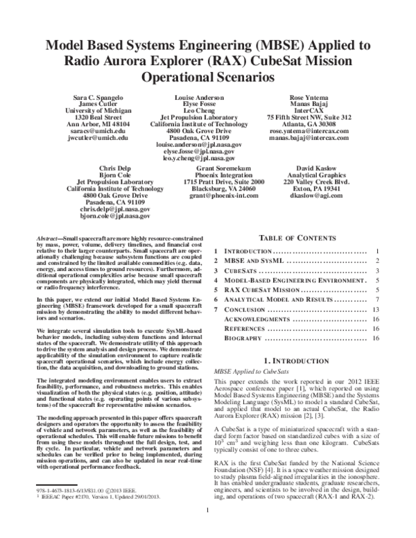 (PDF) Model based systems engineering (MBSE) applied to Radio Aurora Explorer (RAX) CubeSat ...