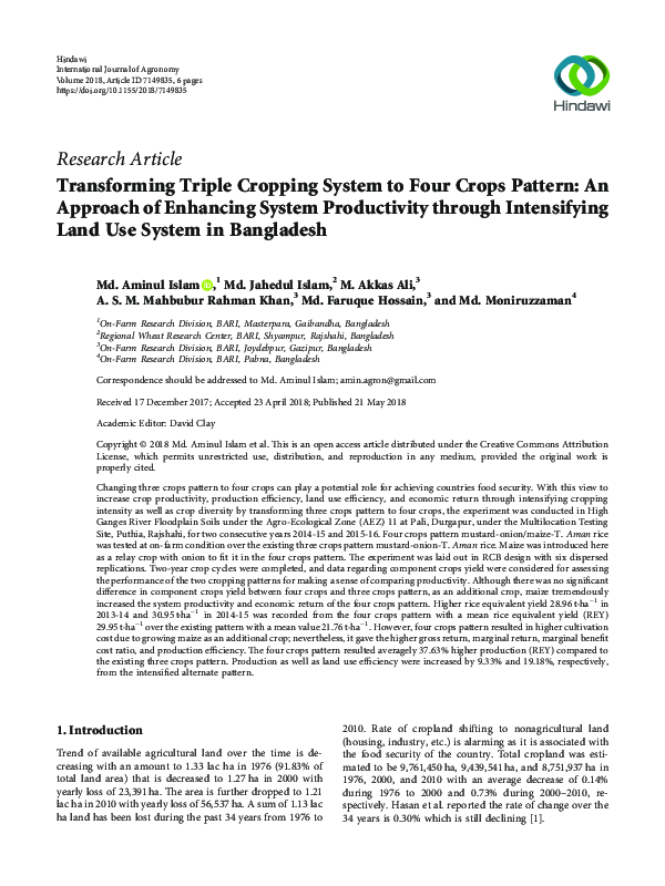 (PDF) Transforming Triple Cropping System to Four Crops Pattern: An ...