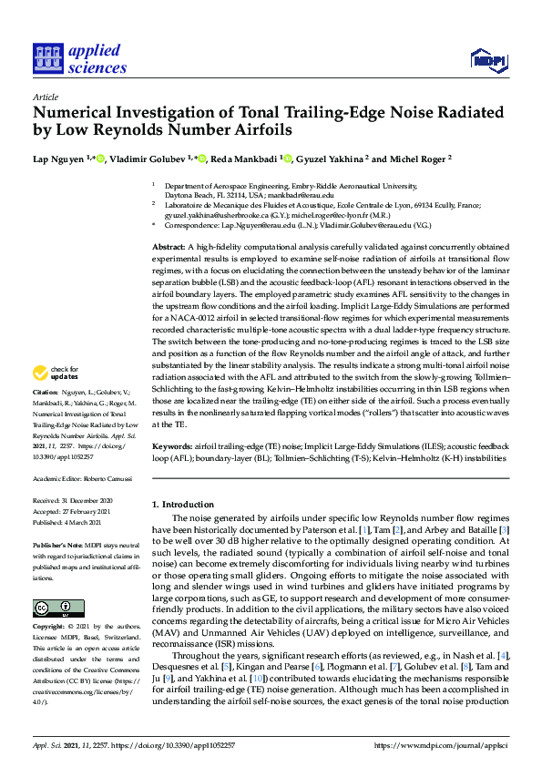 (PDF) Numerical Investigation of Tonal Trailing-Edge Noise Radiated by Low Reynolds Number Airfoils